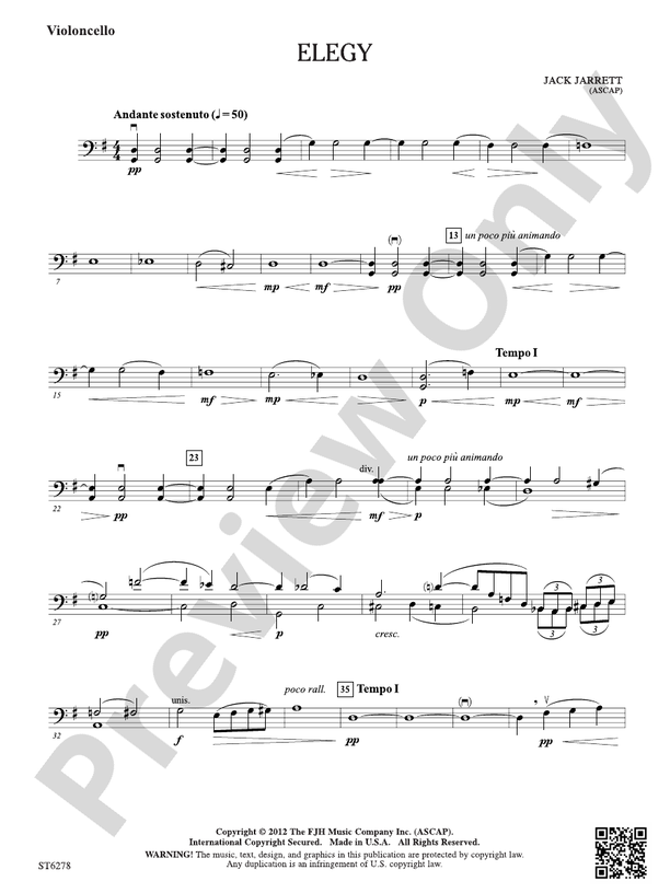 Elegy: Violoncello: Violoncello Part: Jack Jarrett - Digital Sheet Music Download