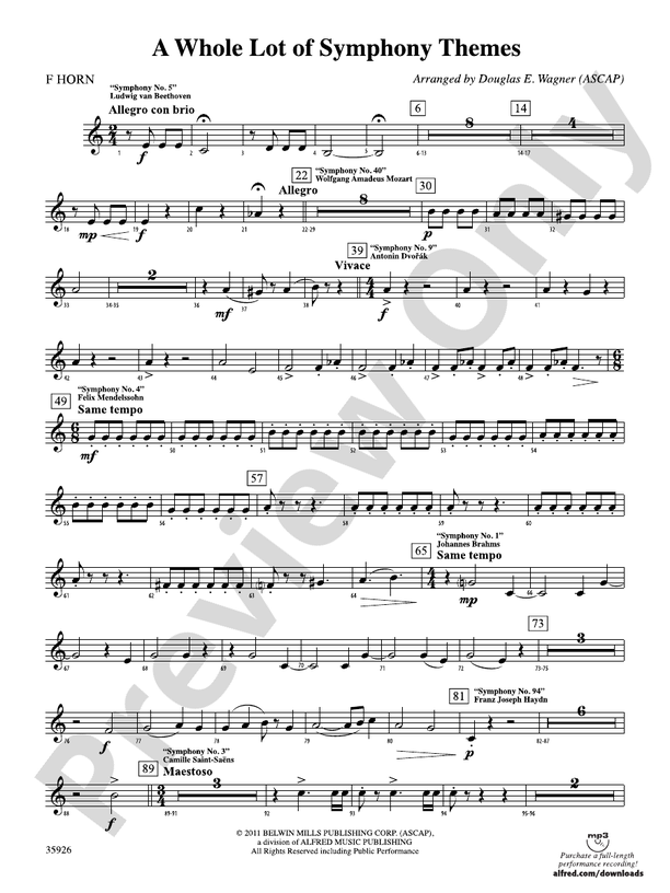 A Whole Lot of Symphony Themes: 1st F Horn: 1st F Horn Part - Digital Sheet Music Download