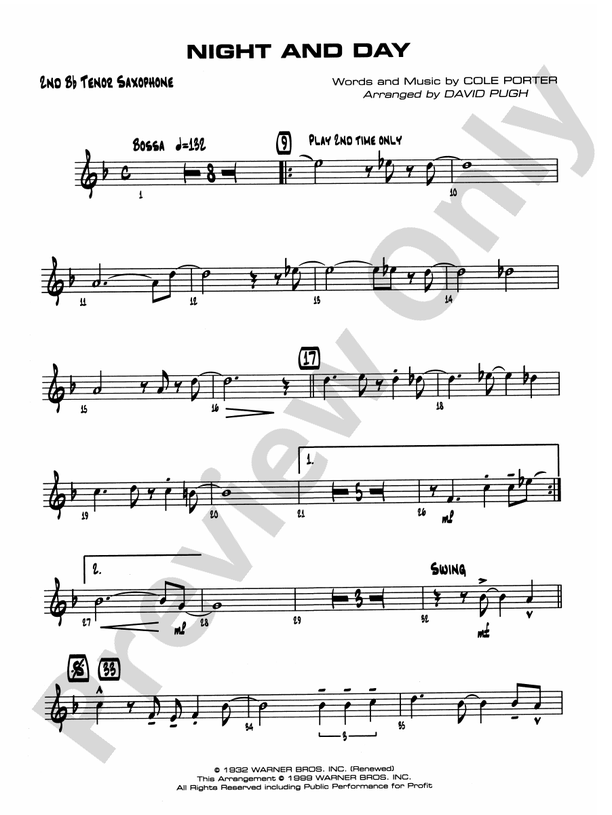 Night and Day: 2nd B-flat Tenor Saxophone: 2nd B-flat Tenor Saxophone Part - Digital Sheet Music ...
