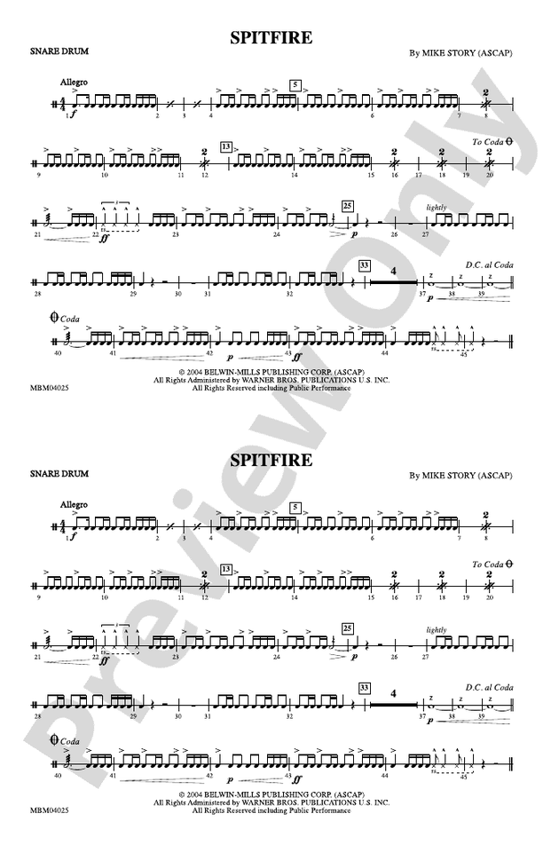 Spitfire: Snare Drum: Snare Drum Part - Digital Sheet Music Download