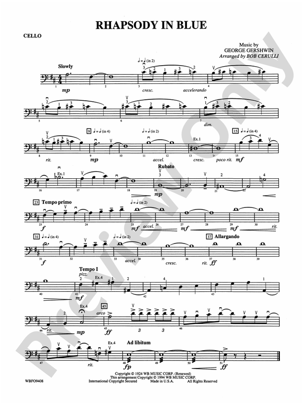 Rhapsody in Blue: Cello: Cello Part - Digital Sheet Music Download