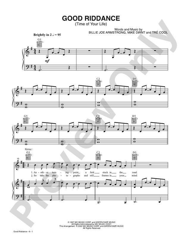 Good Riddance (Time of Your Life): Piano/Vocal: Billie Joe Armstrong ...