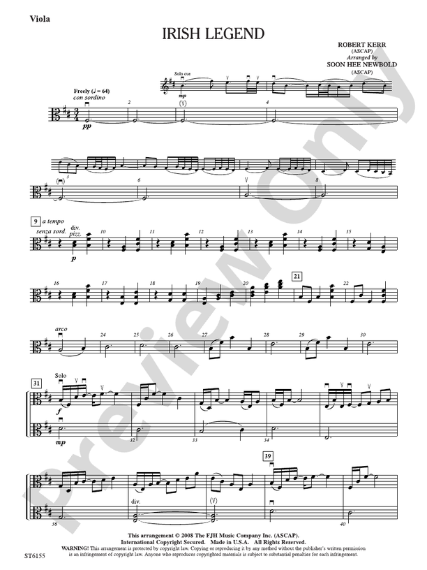 Irish Legend: Viola: Viola Part: Robert Kerr - Digital Sheet Music Download