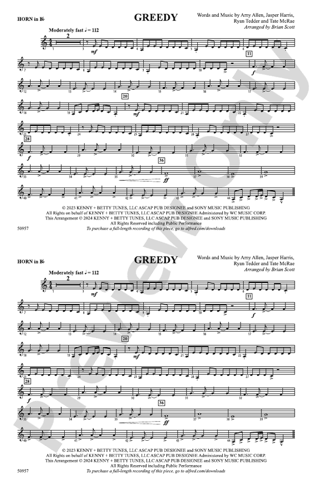 Greedy: Horn in B flat: Horn in B flat Part - Digital Sheet Music Download