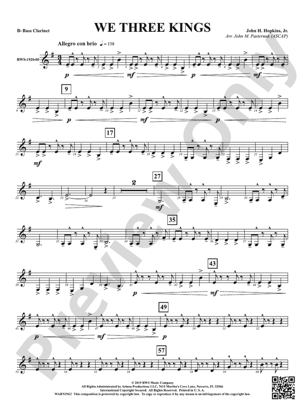 We Three Kings: B-flat Bass Clarinet: B-flat Bass Clarinet Part ...