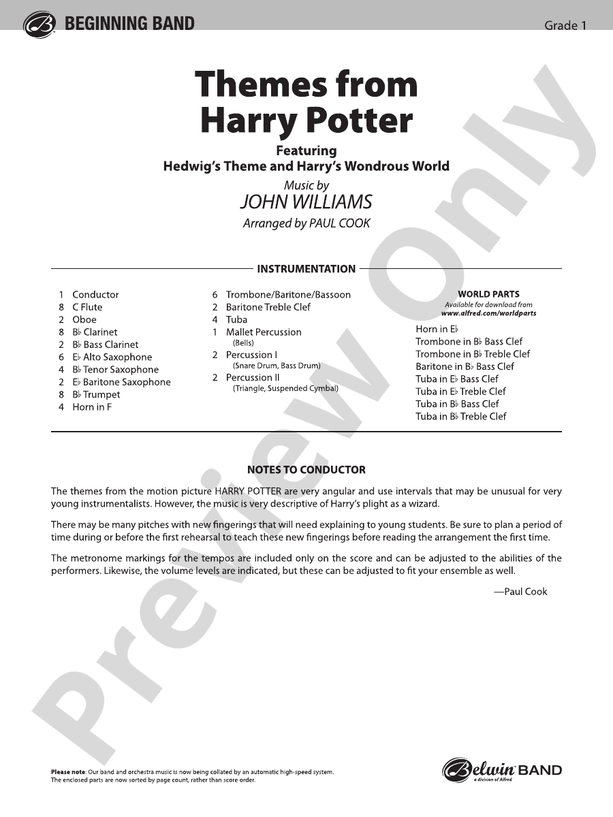 Harry Potter, Themes from: Concert Band Conductor Score & Parts: John ...