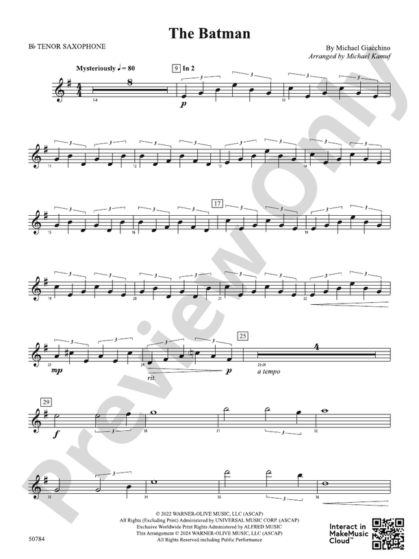 The Batman: B-flat Tenor Saxophone: B-flat Tenor Saxophone Part - Digital Sheet Music Download