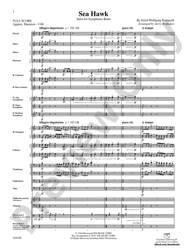 Sea Hawk: Concert Band Conductor Score & Parts: Erich Wolfgang Korngold ...