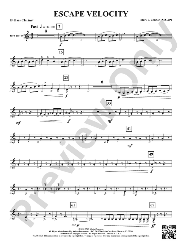 Escape Velocity: B-flat Bass Clarinet: B-flat Bass Clarinet Part: Mark J. Connor - Digital Sheet ...