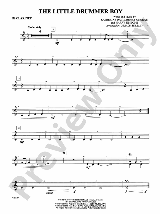 The Little Drummer Boy: 1st B-flat Clarinet: 1st B-flat Clarinet Part ...