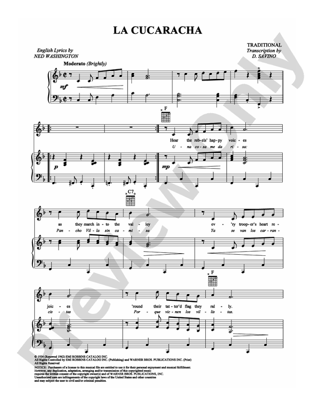 La Cucaracha: Piano/Vocal/Chords: Traditional - Digital Sheet Music ...