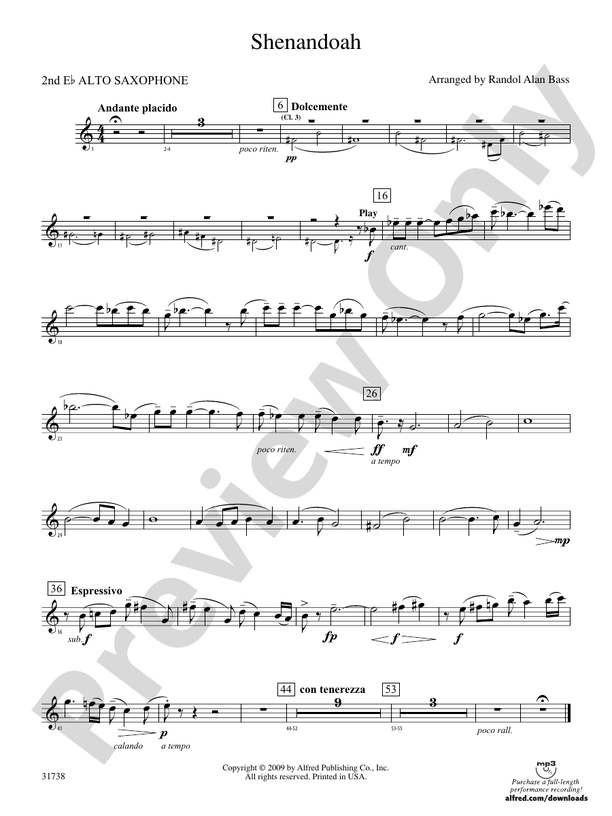 Shenandoah: 2nd E-flat Alto Saxophone: 2nd E-flat Alto Saxophone Part - Digital Sheet Music Download