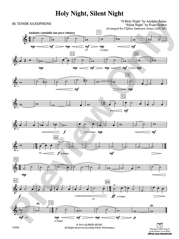 Holy Night Silent Night B Flat Tenor Saxophone B Flat Tenor