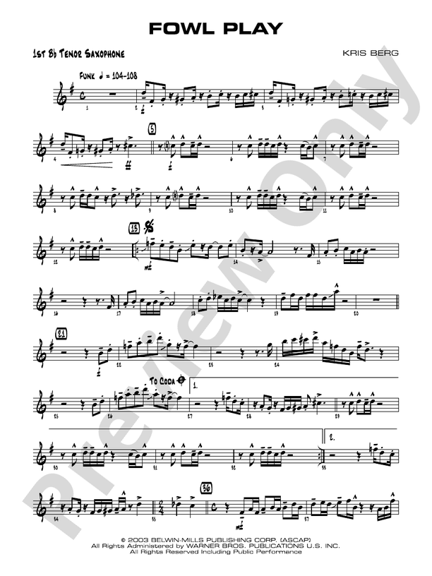 Fowl Play: B-flat Tenor Saxophone: B-flat Tenor Saxophone Part - Digital Sheet Music Download