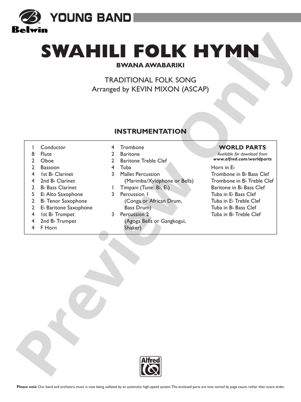 Swahili Folk Hymn (Bwana Awabariki): Concert Band Conductor Score ...