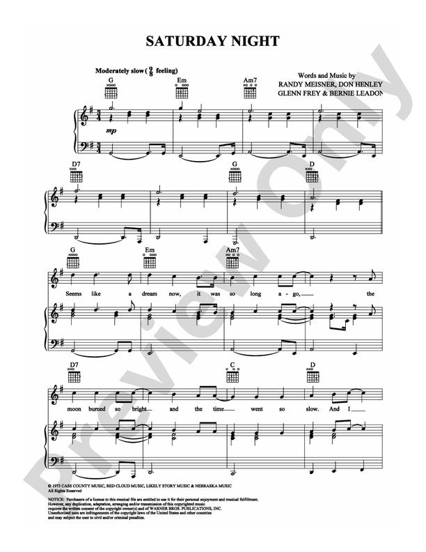 Saturday Night: Piano/Vocal/Chords: Eagles - Digital Sheet Music Download