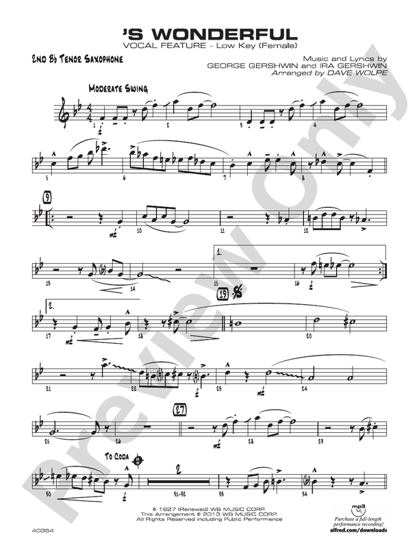 'S Wonderful: 2nd B-flat Tenor Saxophone: 2nd B-flat Tenor Saxophone Part - Digital Sheet Music ...