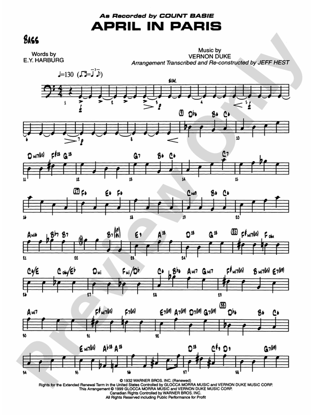 April in Paris: String Bass: String Bass Part - Digital Sheet Music ...