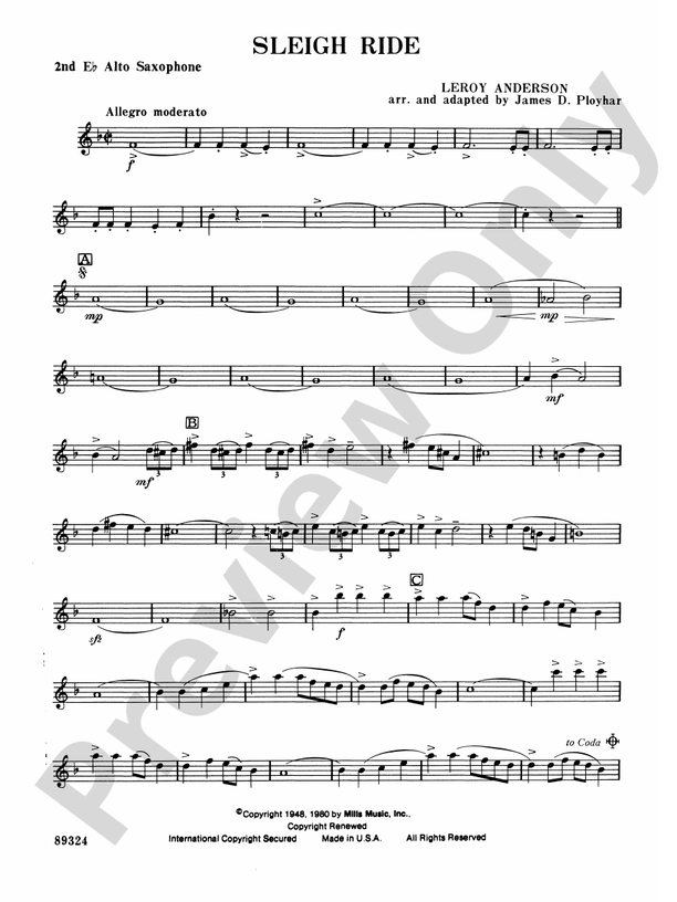 Sleigh Ride: 2nd E-flat Alto Saxophone: 2nd E-flat Alto Saxophone Part - Digital Sheet Music ...