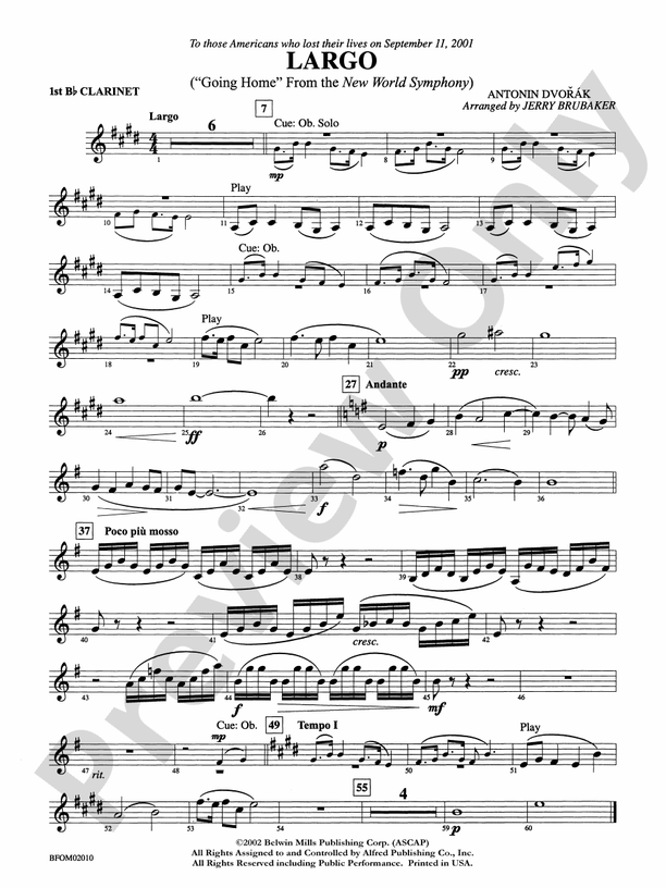 Largo ("Going Home" from the New World Symphony): 1st B-flat Clarinet ...