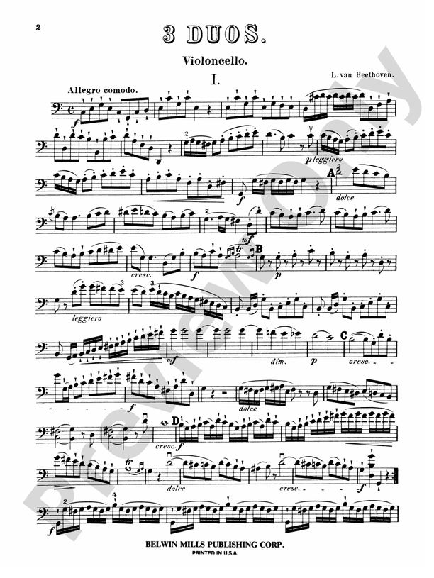 Beethoven: Three Duets for Violin and Cello: Duet No. 1 (Cello) Part - Digital Sheet Music Download
