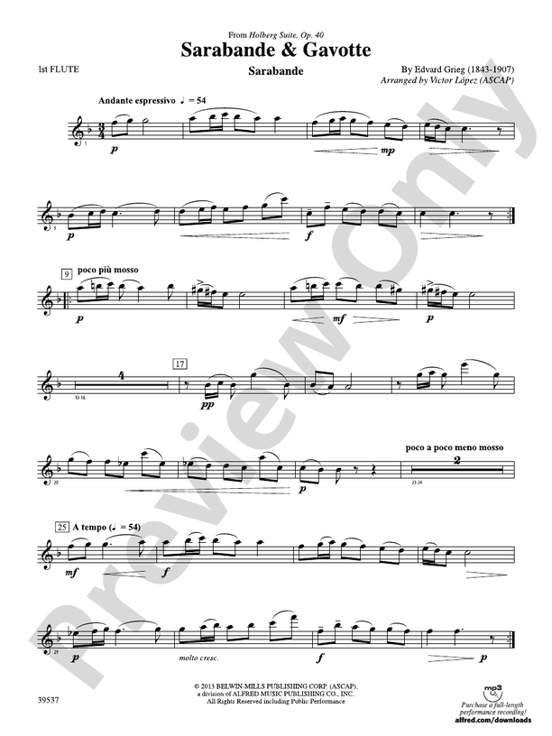 Sarabande & Gavotte (from the Holberg Suite, Op. 40): Flute: Flute Part ...