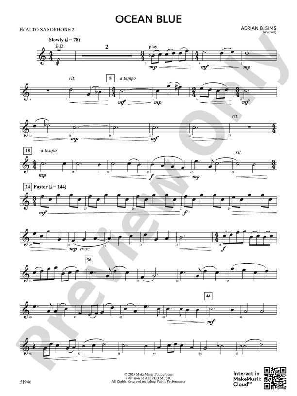 Ocean Blue: 2nd E-flat Alto Saxophone: 2nd E-flat Alto Saxophone Part - Digital Sheet Music Download