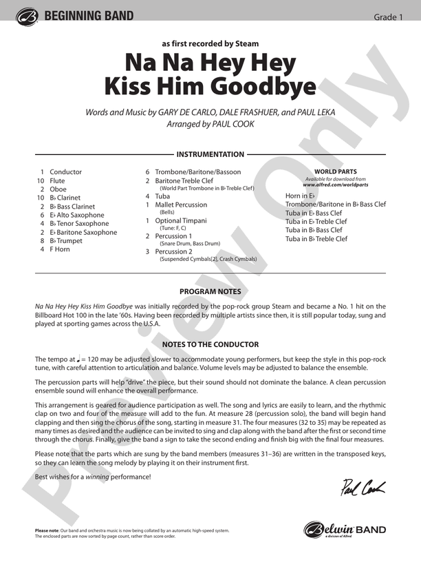 Na Na Hey Hey Kiss Him Goodbye: Concert Band Conductor Score & Parts ...