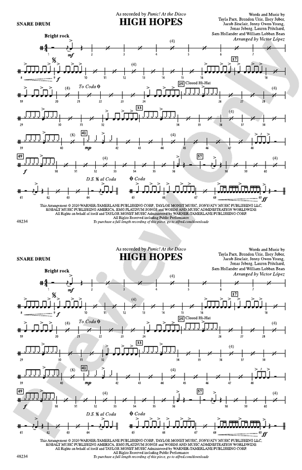 High Hopes: Snare Drum: Snare Drum Part - Digital Sheet Music Download