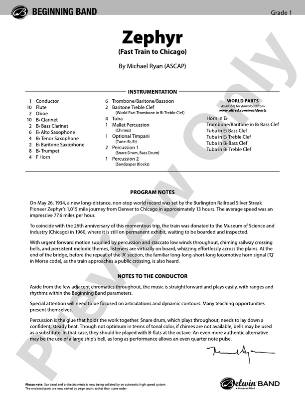 Zephyr: Concert Band Conductor Score & Parts: Michael Ryan - Digital ...