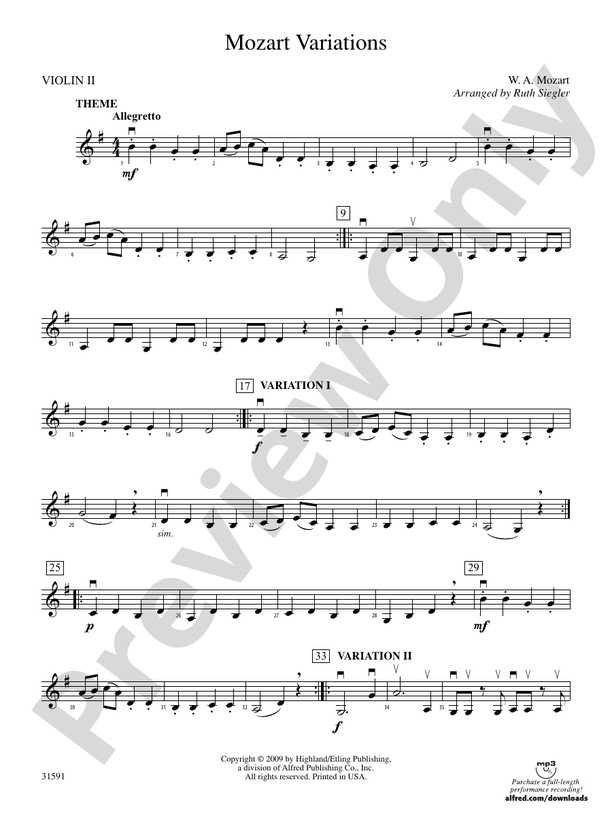 Mozart Variations: 2nd Violin: 2nd Violin Part - Digital Sheet Music Download