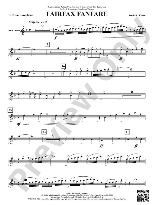 Fairfax Fanfare: B-flat Tenor Saxophone: B-flat Tenor Saxophone Part: Daniel Kosko - Digital ...
