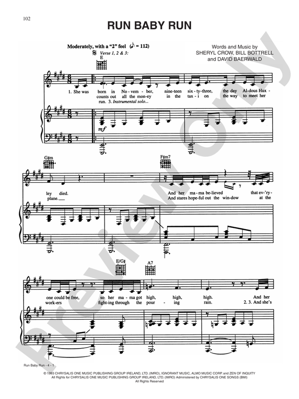 Run Baby Run: Piano/Vocal/Chords: Sheryl Crow - Digital Sheet Music ...