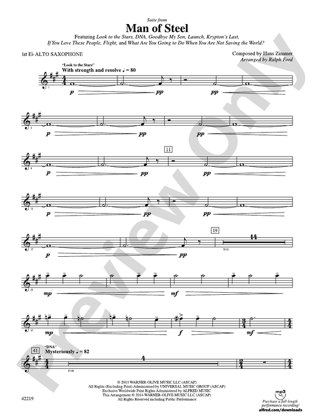Man of Steel, Suite from: E-flat Alto Saxophone: E-flat Alto Saxophone Part - Digital Sheet ...