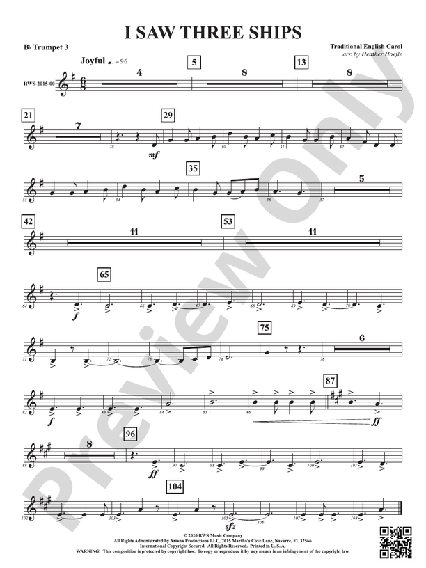 I Saw Three Ships: 3rd B-flat Trumpet: 3rd B-flat Trumpet Part - Digital Sheet Music Download