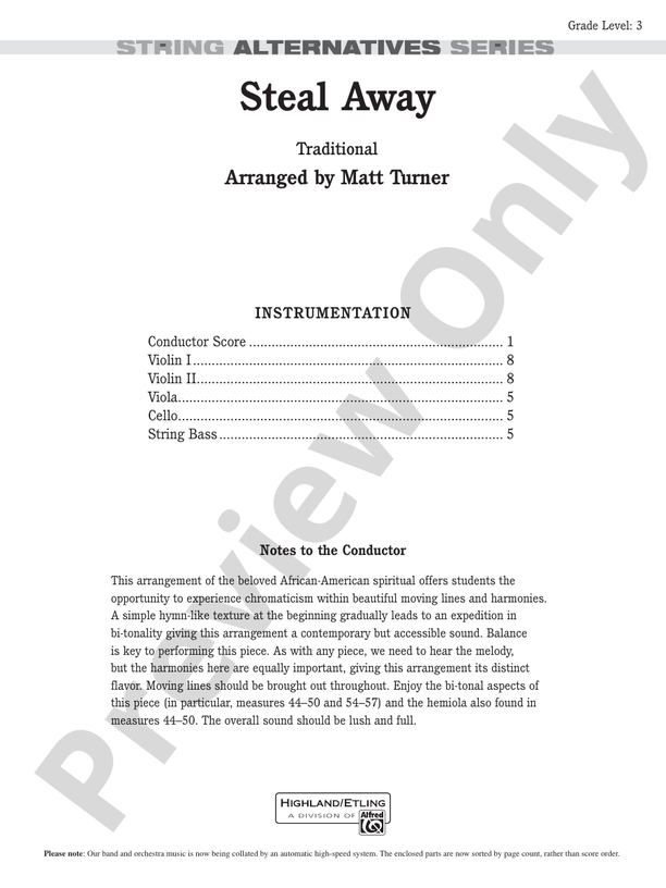 Steal Away: String Orchestra Conductor Score & Parts - Digital Sheet ...