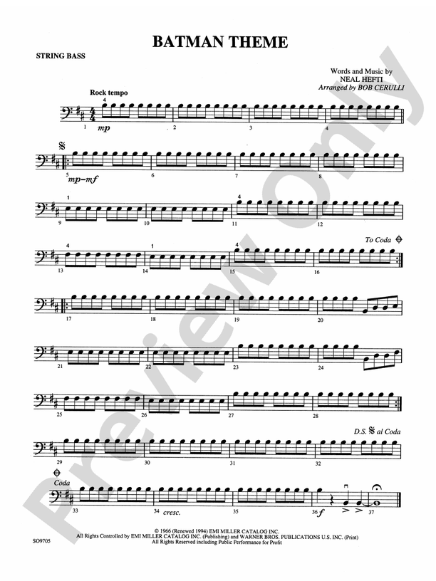 Batman Theme: String Bass: String Bass Part - Digital Sheet Music Download