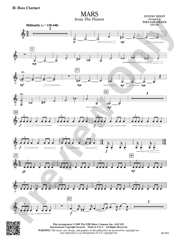 Mars from The Planets: B-flat Bass Clarinet: B-flat Bass Clarinet Part ...