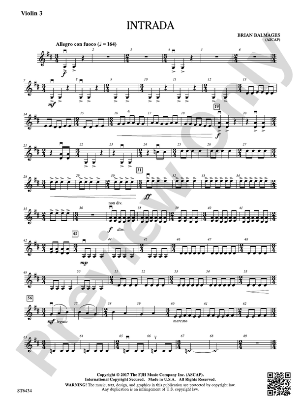 Intrada: Violin 3 (Viola T.C.): Violin 3 (Viola T.C.) Part: Brian Balmages - Digital Sheet Music ...