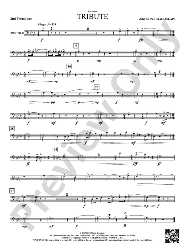 Tribute: 2nd Trombone: 2nd Trombone Part: John M. Pasternak - Digital Sheet Music Download