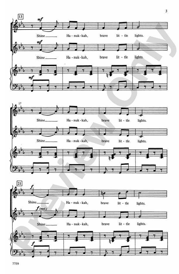 Shine Hanukkah 2 Part Choral Octavo Sally K Albrecht Digital Sheet