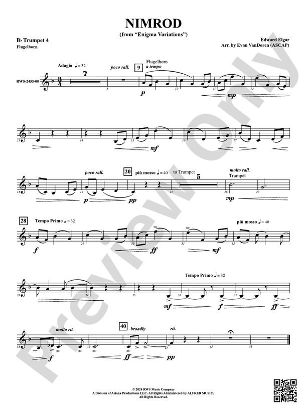 Nimrod (from "Enigma Variations"): 4th B-flat Trumpet: 4th B-flat Trumpet Part: Edward Elgar ...