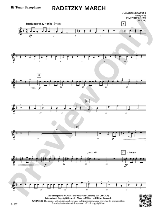 Radetzky March: B-flat Tenor Saxophone: B-flat Tenor Saxophone Part: Johann Strauss I - Digital ...