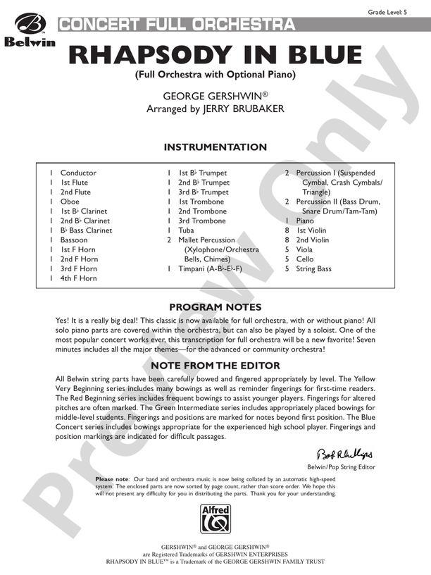 Rhapsody in Blue: Full Orchestra Conductor Score & Parts: George ...