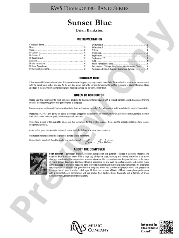 Sunset Blue: Score: Concert Band Score: Brian Bankston - Digital Sheet Music Download