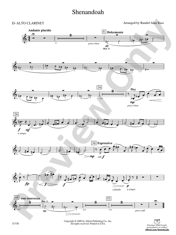 Shenandoah: (wp) E-flat Alto Clarinet: (wp) E-flat Alto Clarinet World Part - Digital Sheet ...