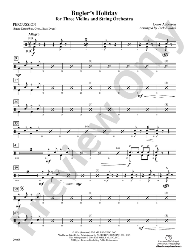 Bugler's Holiday for Three Violins and String Orchestra: 1st Percussion: 1st Percussion Part ...