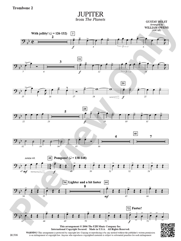 Jupiter (from The Planets): Trombone 2: Trombone 2 Part: Gustav Holst ...
