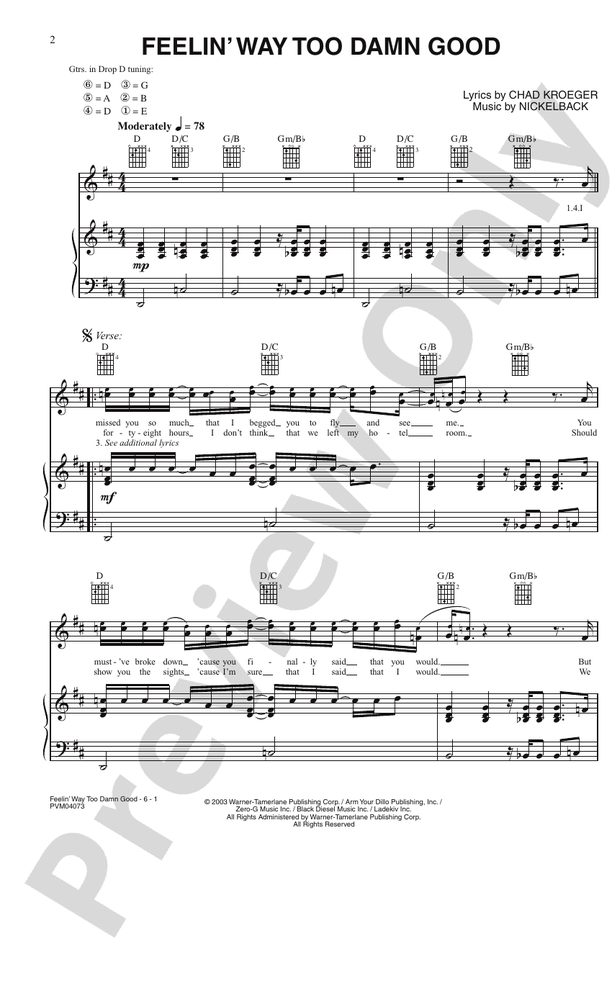Feelin' Way Too Damn Good: Piano/Vocal/Chords: Nickelback - Digital ...