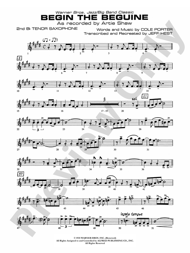 Begin the Beguine: 2nd B-flat Tenor Saxophone: 2nd B-flat Tenor Saxophone Part - Digital Sheet ...